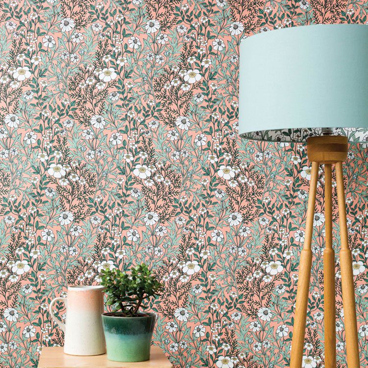 Feverfew Coral Wallpaper | Abigail Borg | Wallpapers, Fabrics ...